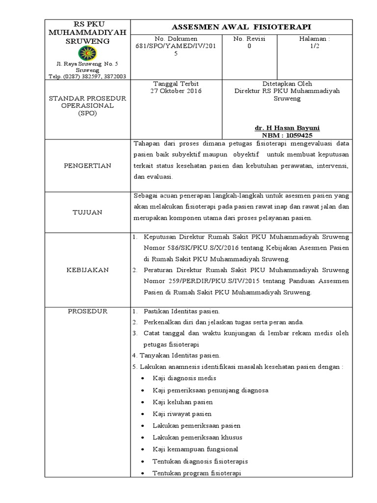 Spo Assesmen Awal Fisioterapi | PDF