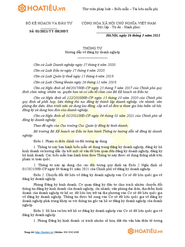 Thong Tu 01 2021 TT BKHDT Huong Dan Dang Ky Doanh Nghiep | PDF