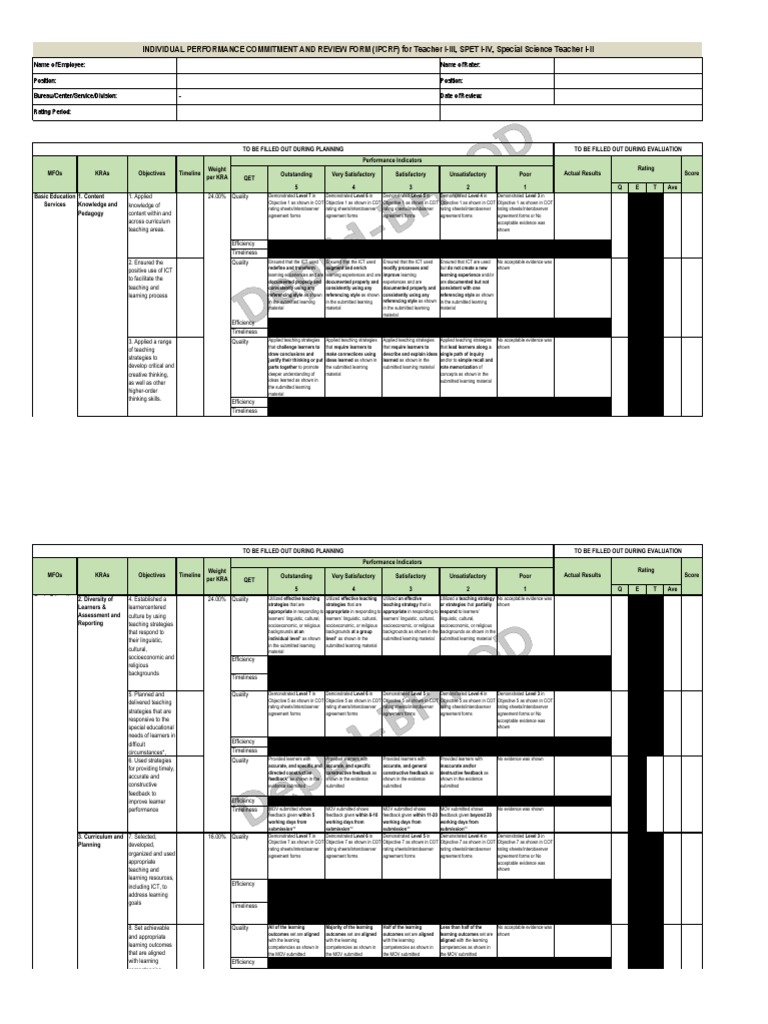 DepEd Prescribed IPCRF Parts 1 4 SY 2020 2021 | PDF | Learning ...