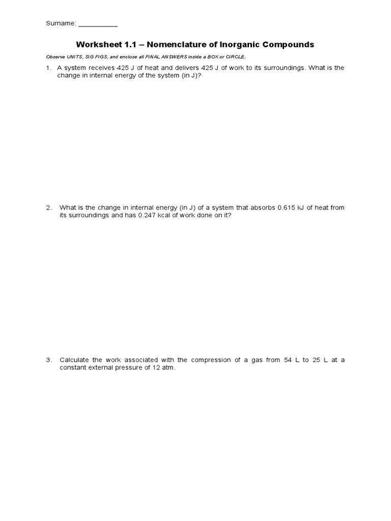 Nomenclature of Inorganic Compounds Worksheets | PDF