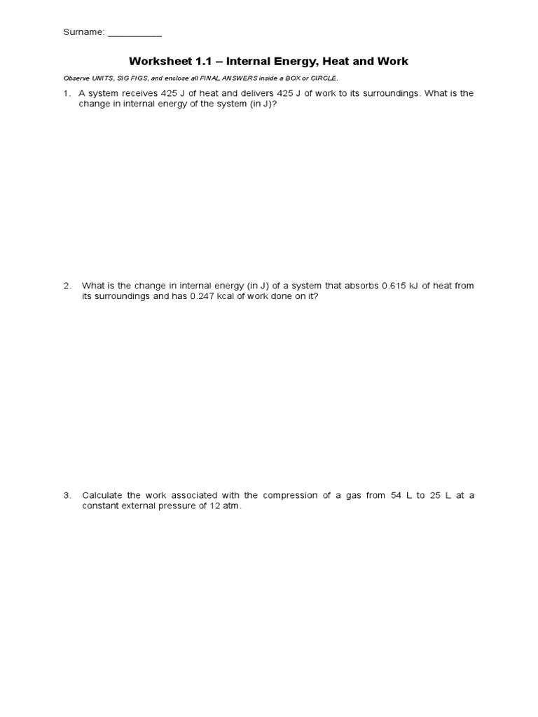 Internal Energy, Heat and Work Worksheets | PDF