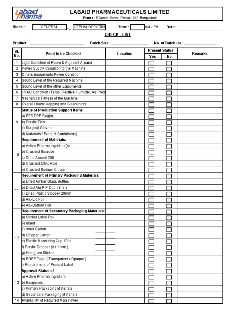 LabAid Pharmaceuticals Checklist | PDF | Technology & Engineering