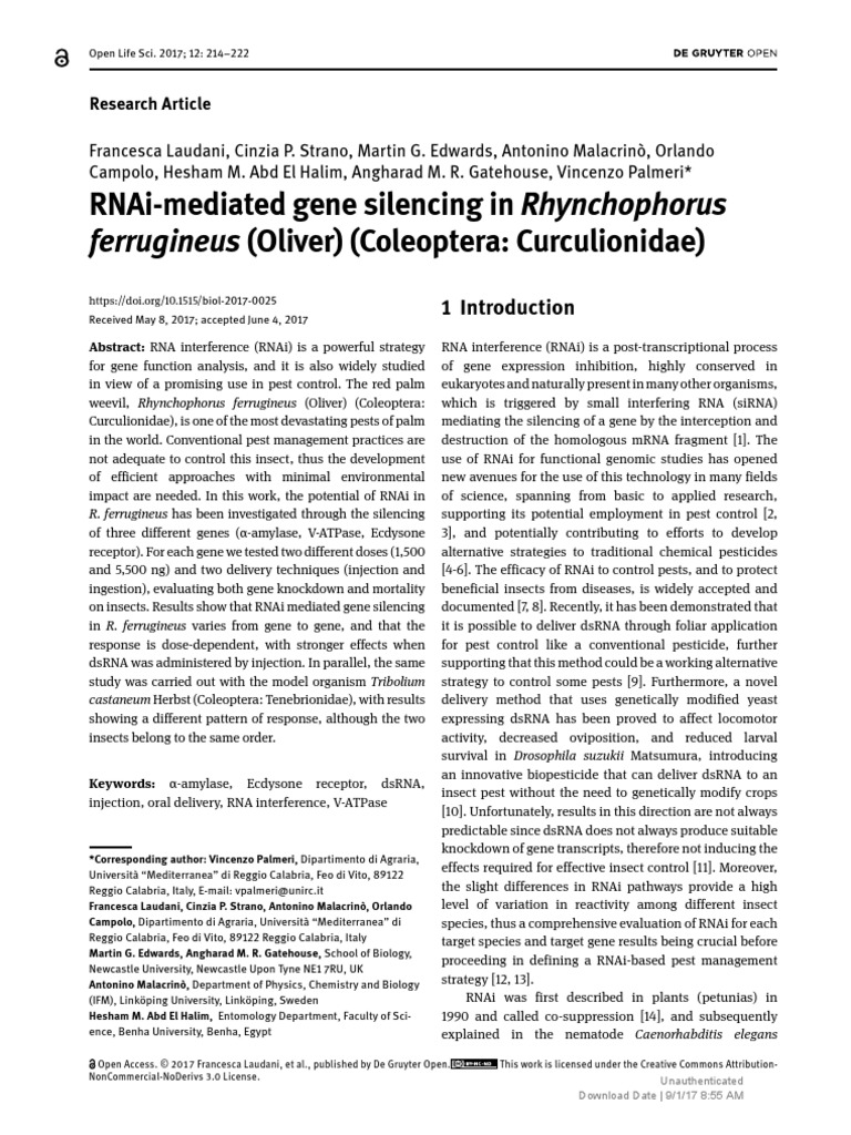 Open Life Sciences Rnai-Mediated Gene Silencing in Rhynchophorus Ferrugineus Oliver Coleoptera ...