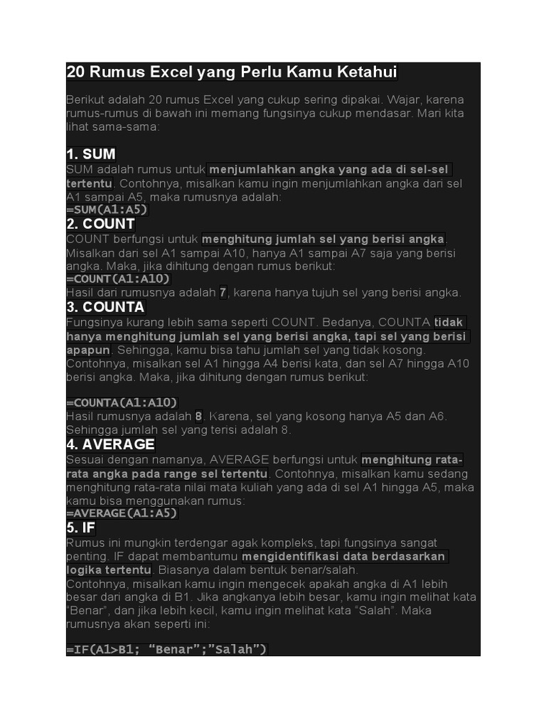 20 Rumus Excel Yang Perlu Kamu Ketahui | PDF