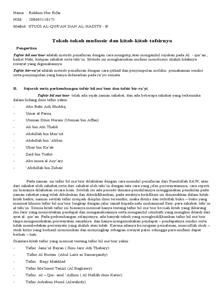 Tokoh-Tokoh Mufassir Dan Kitab-Kitab Tafsirnya | PDF