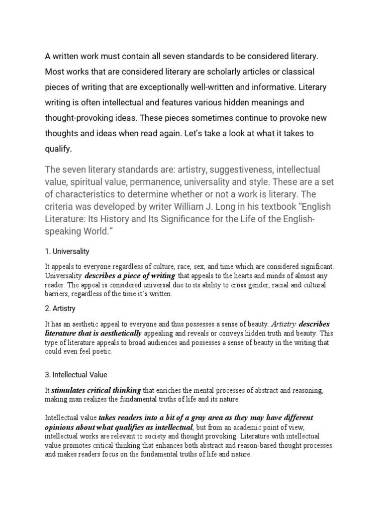 Seven Standards of Literary Quality | PDF | Idea | Aesthetics