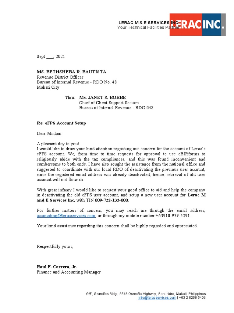 BIR LETTER - Request For eFPS Access | PDF