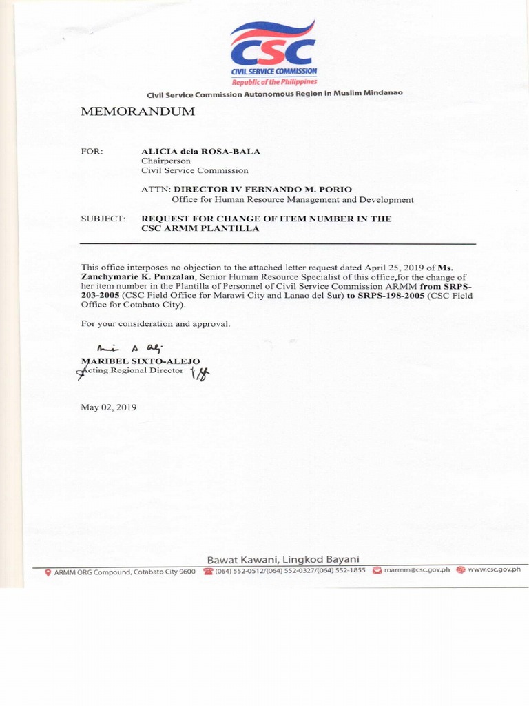 Memorandum Re CSC Armm Request For Change of Item No. in The Plantilla ...