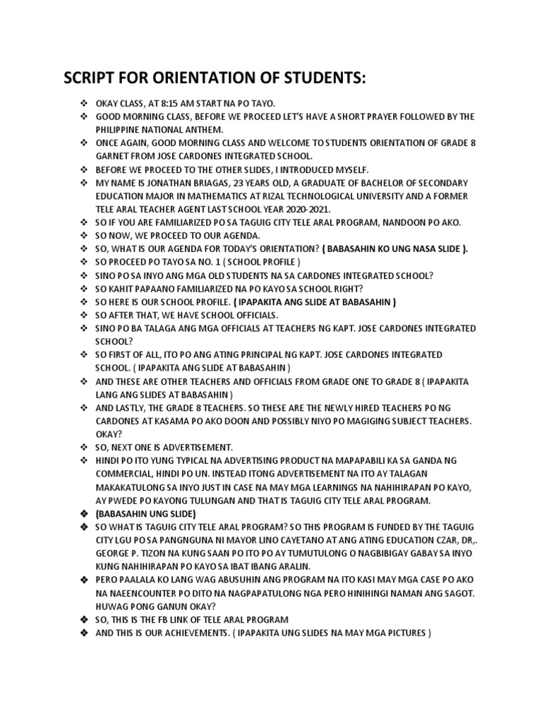 Script For Orientation of Students and Parents | PDF