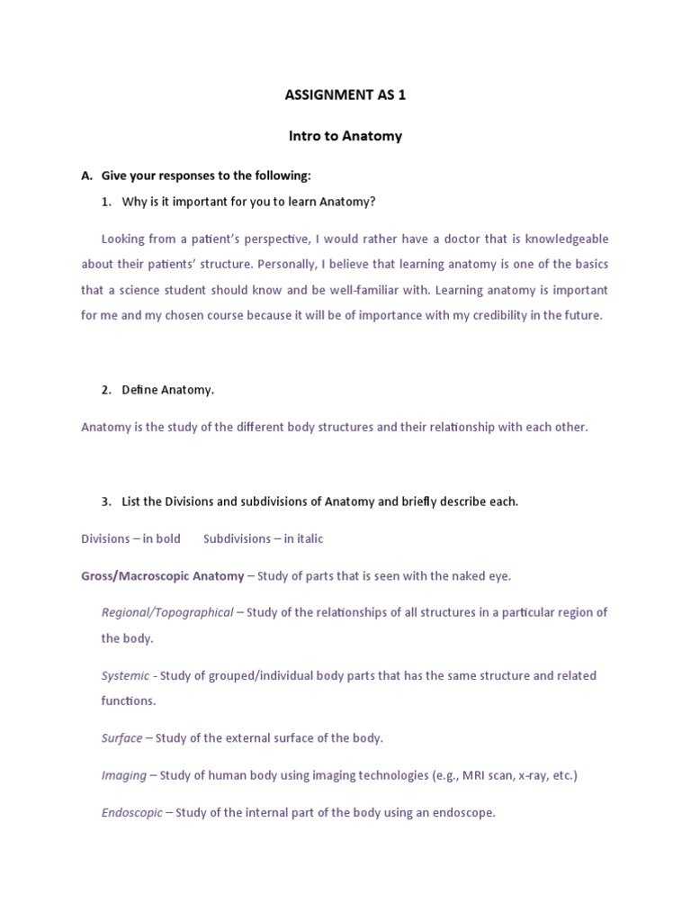 Assignment As 1 Intro To Anatomy: A. Give Your Responses To The ...