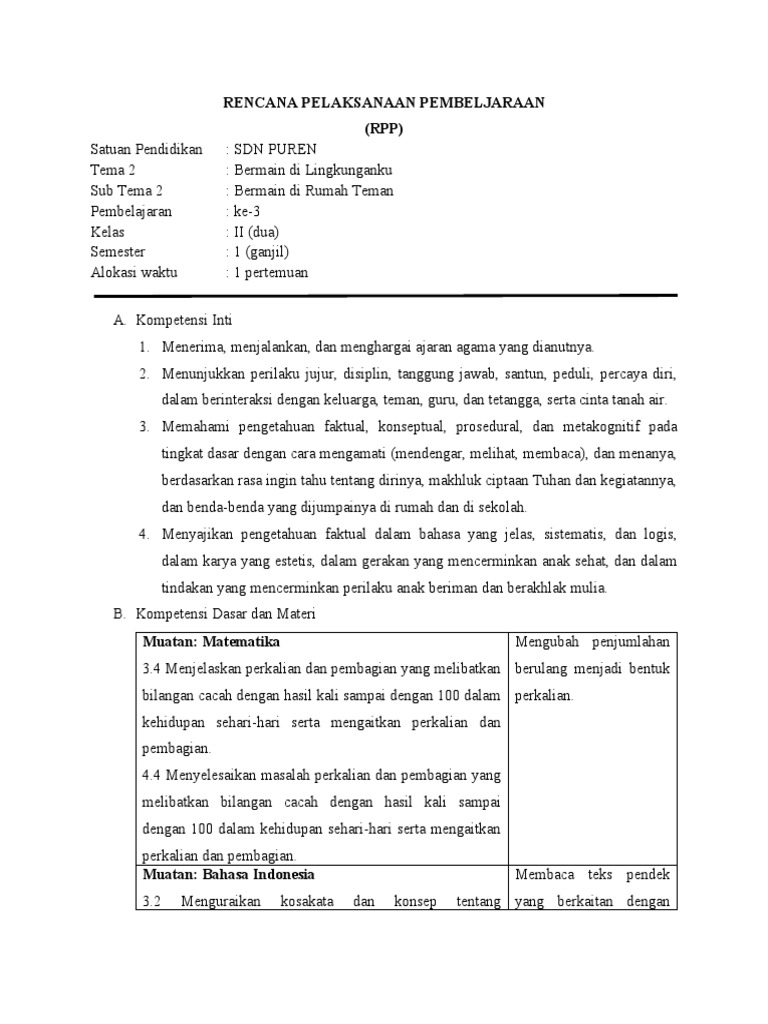 RPP KELAS 2 Tema 2 SubTema 2 Pembelajaran Ke-3 (Ichapuri W) | PDF