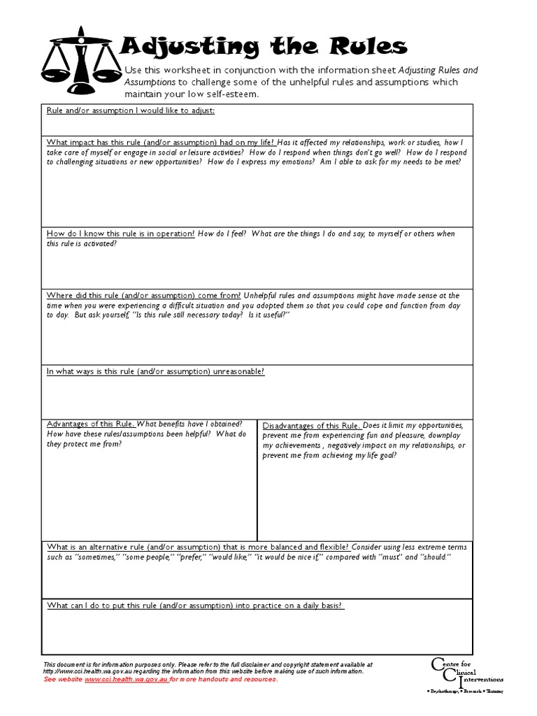Self-Esteem Worksheet - 09 - Adjusting Rules and Assumptions | PDF ...