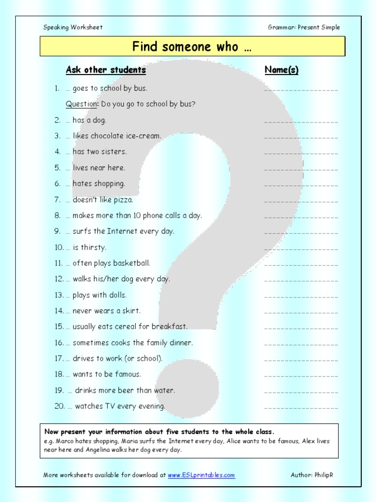 Find Someone Who Present Simple Questions | PDF