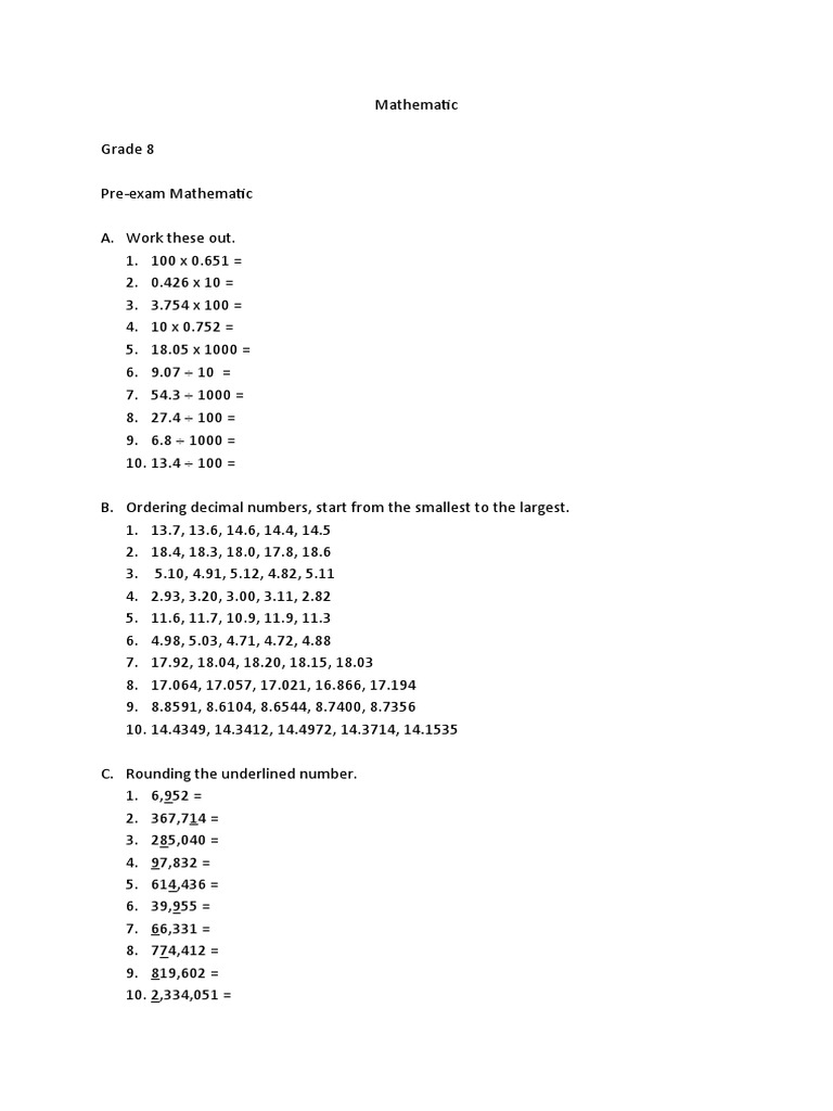 Mathematic Grade 8 (Pre-Exam) | PDF