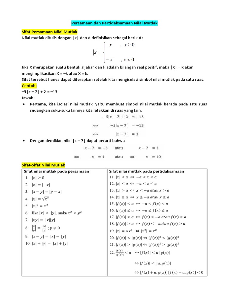 Persamaan Dan Pertidaksamaan Nilai Mutlak | PDF