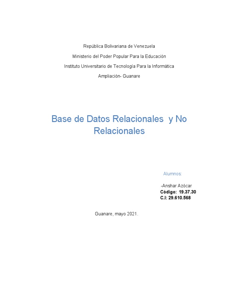 Bases Relacionales y No Relacionales (1) ANSHAR | PDF | Bases de datos | No Sql