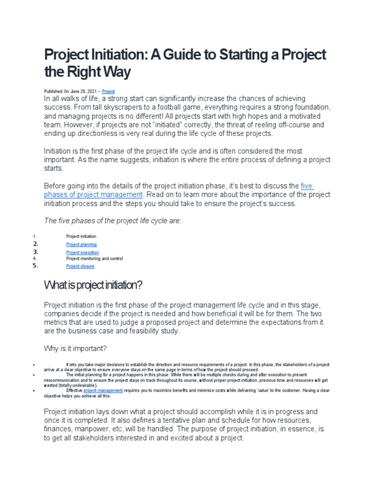 Project Initiation: A Guide To Starting A Project The Right Way | Download Free PDF | Project ...