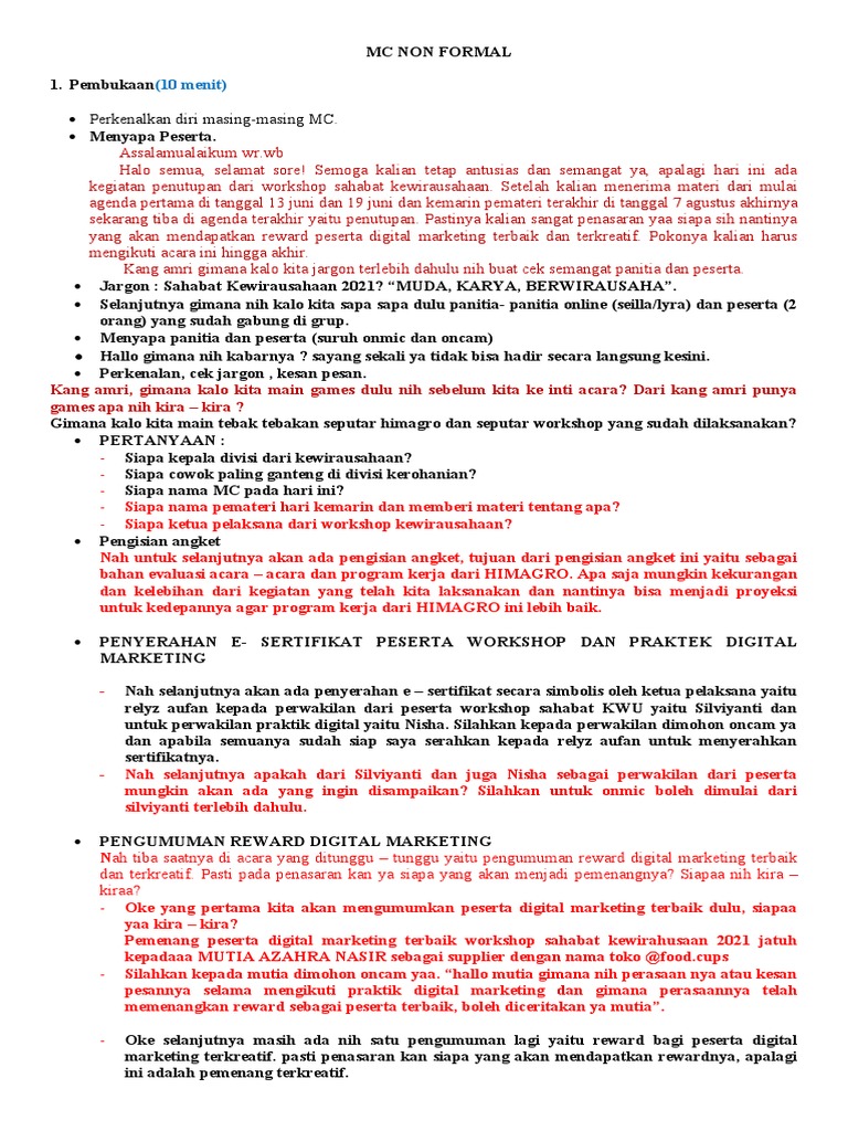 Naskah MC Non Formal SBK | PDF