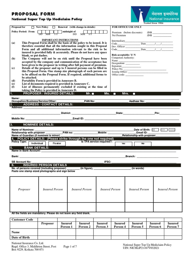 Mediclaim Proposal Form Guide | PDF | Health Sciences | Medical Specialties