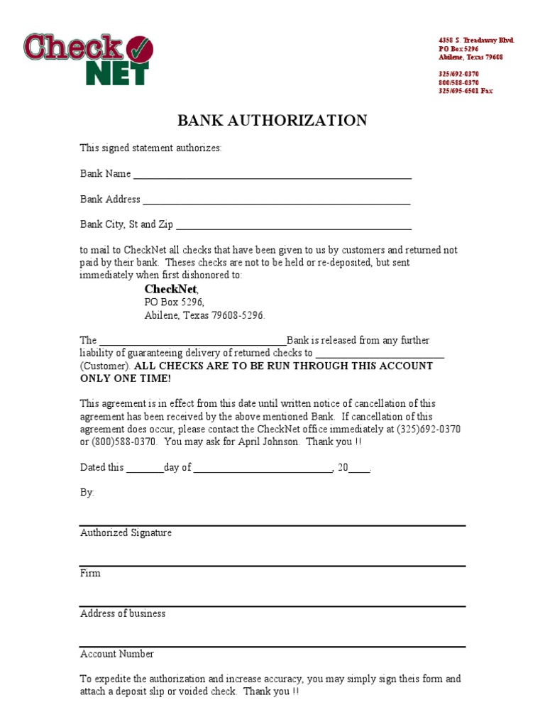 Bank Authorization: Checknet | PDF
