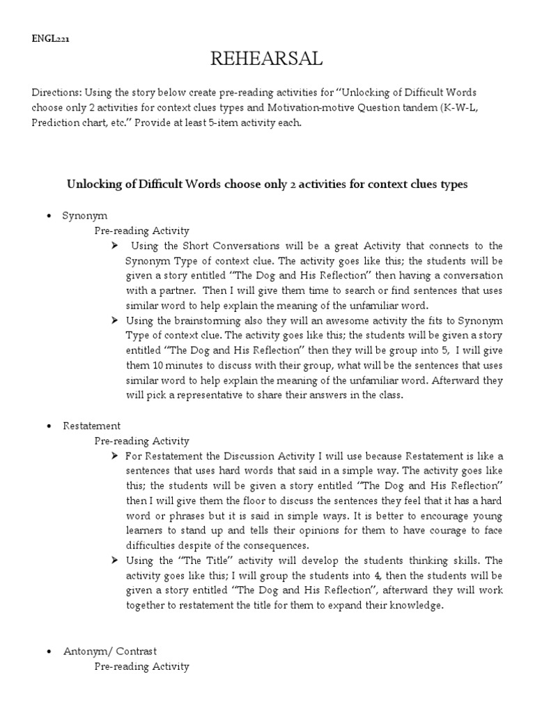 Rehearsal: Unlocking of Difficult Words Choose Only 2 Activities For ...