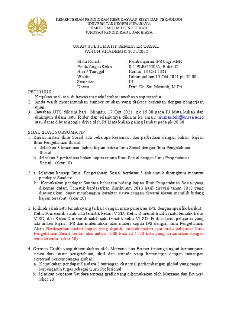 Masitoh Uts Pembelj Ips PLB Angk 2020 13 Okt 21 | PDF