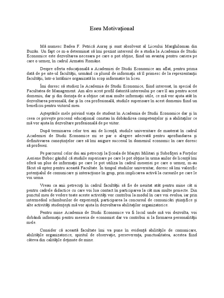 Eseu Motivațional Badea Petrică Auraș | PDF
