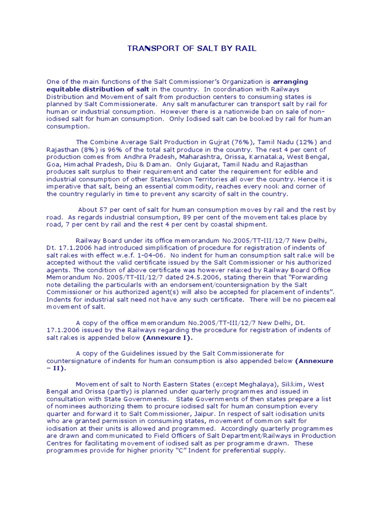 Transport of Salt by Rail: Equitable Distribution of Salt in The ...