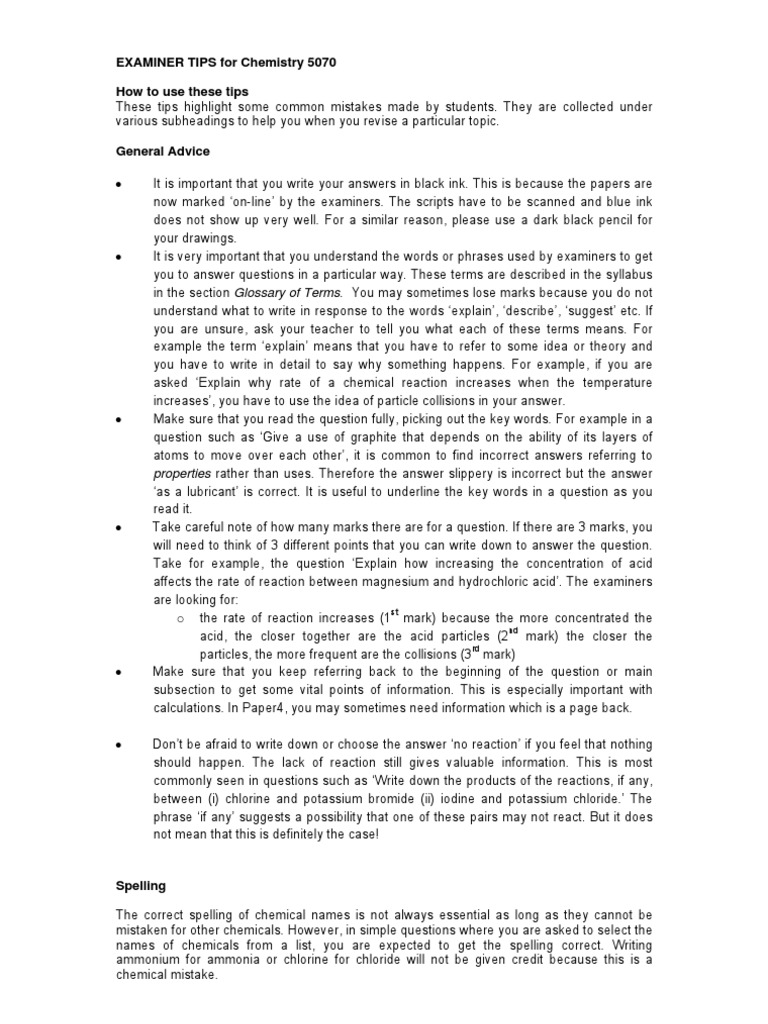Examiner Tips For O Level Chemistry 5070 FINAL | PDF | Ion | Solubility