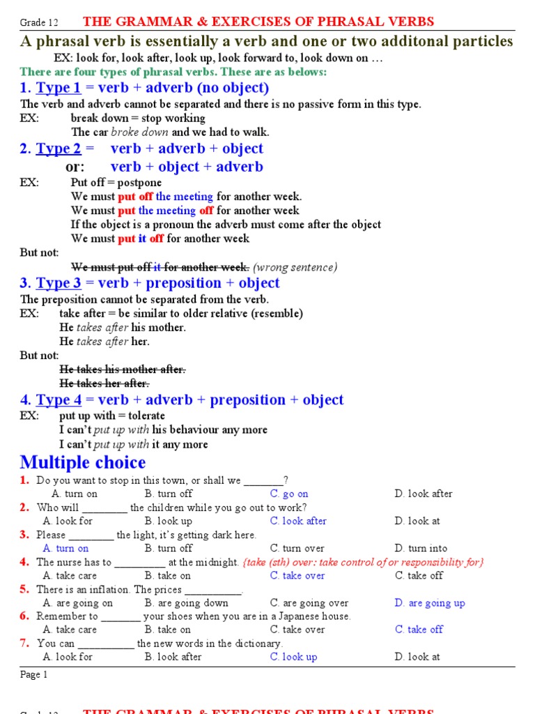 Phrasal Verbs Exercises Key | PDF | Object (Grammar) | Preposition And ...