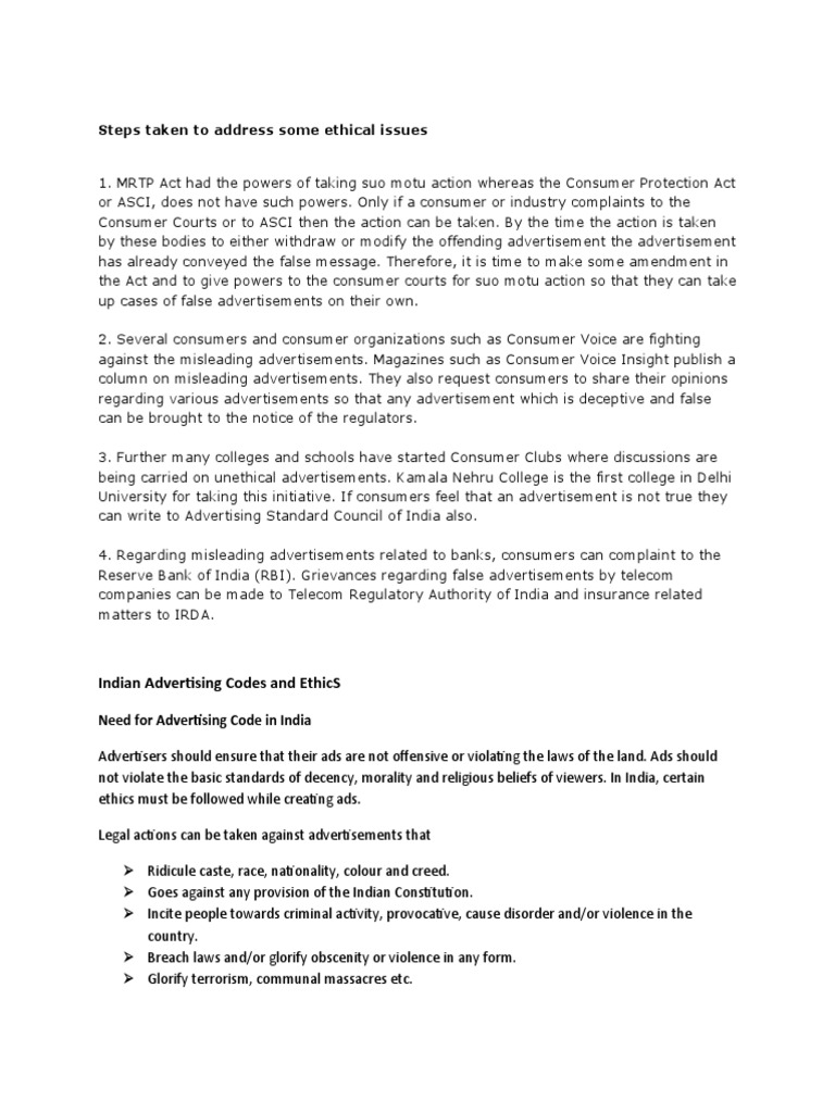 Steps Taken To Address Some Ethical Issues | PDF | Advertising | Public ...