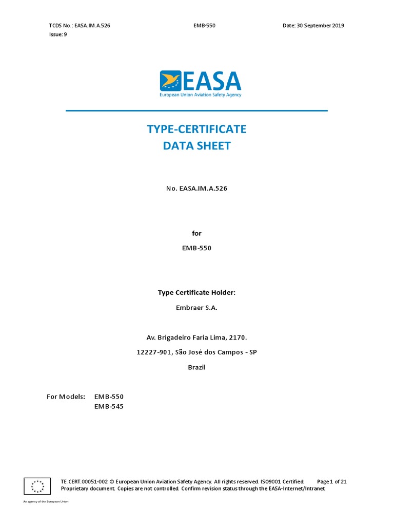 EMB-550 - EASA-TCDS-CS-25 Issue-09 | PDF | Airplane | Aircraft