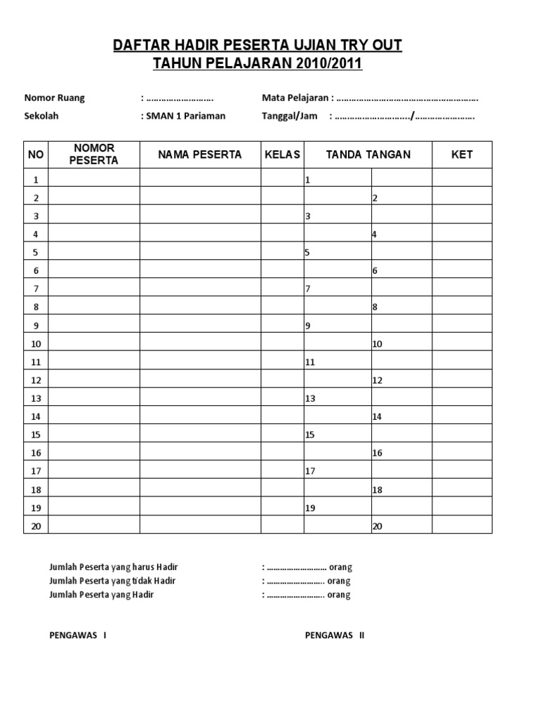 Daftar Hadir Ujian Try Out | PDF