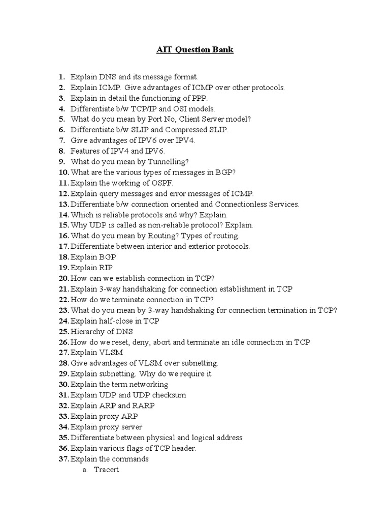 AIT Networking Exam Question Bank | PDF