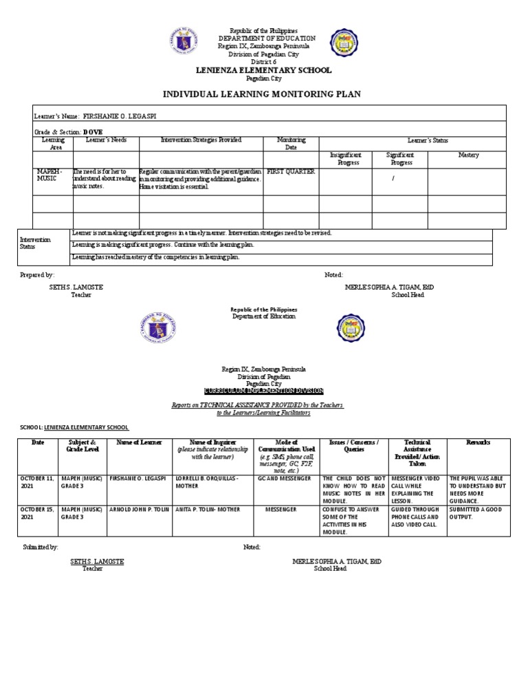 Individual Learning Monitoring Plan: Lenienza Elementary School | PDF ...