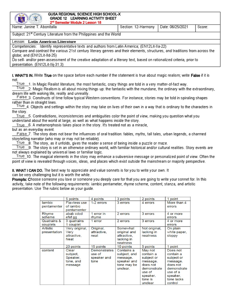 Latin American Literature: 2 Semester Module 2 Lesson 18 | PDF