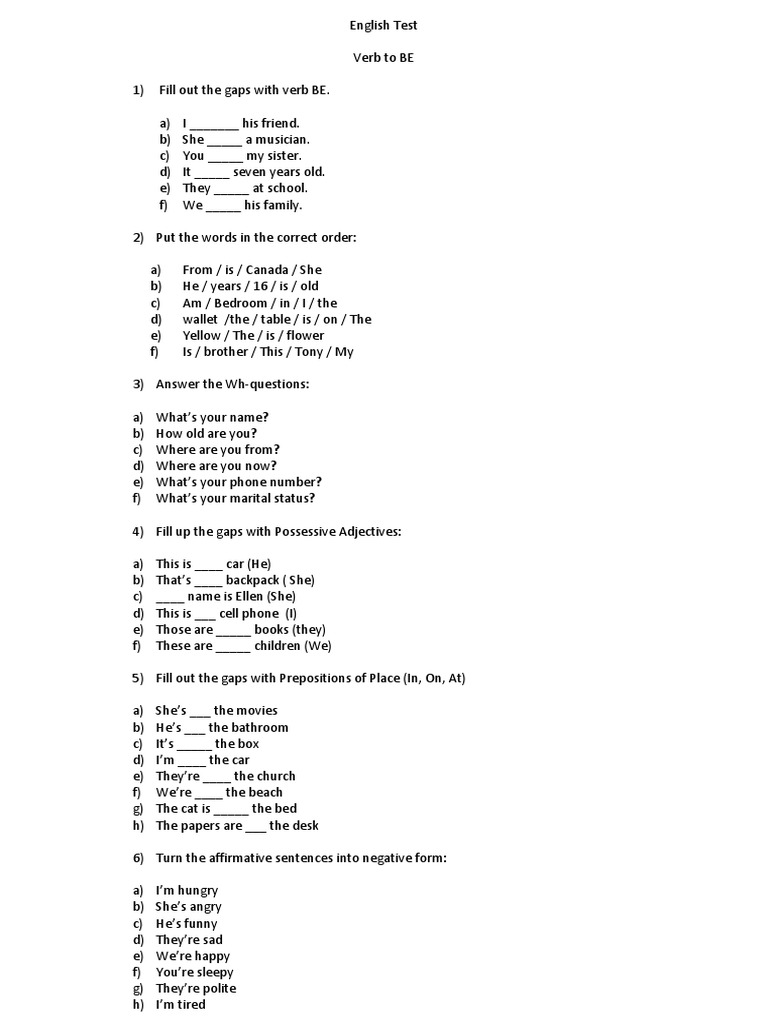 English Test - Verb To BE | PDF | English Language | Language Mechanics