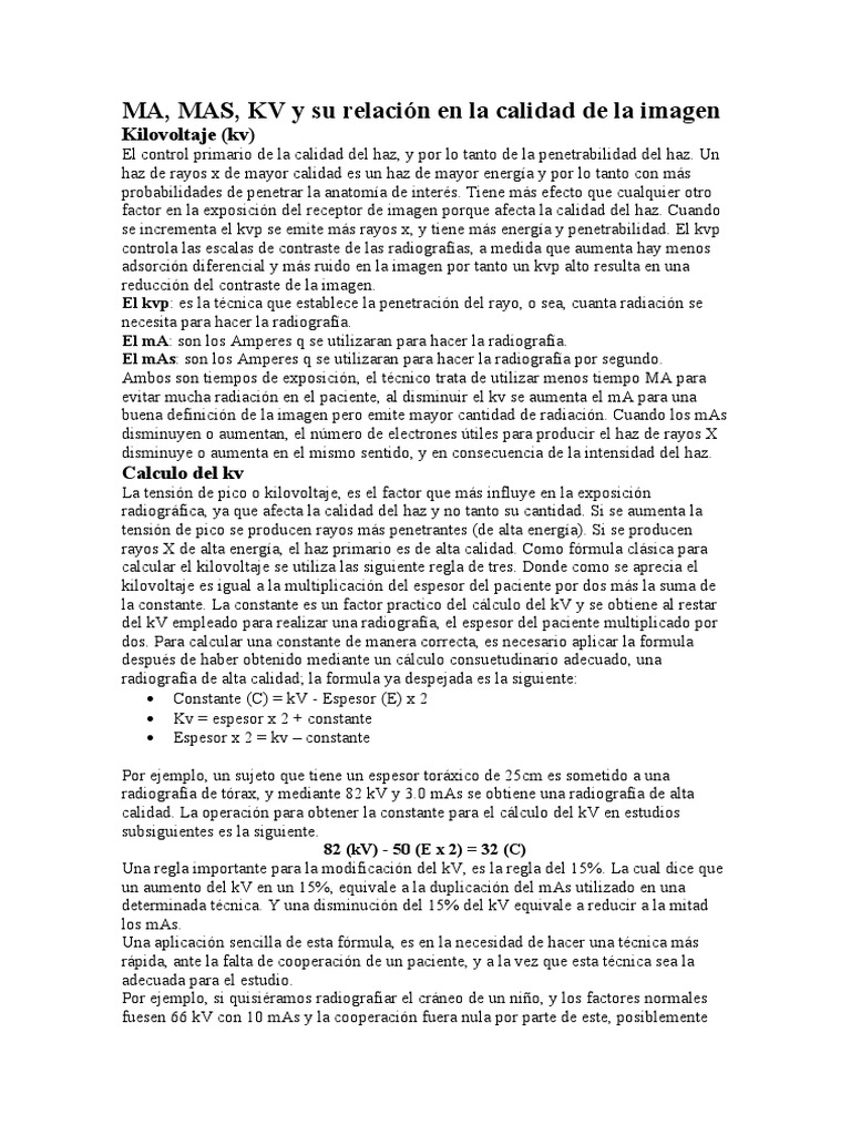 KV y MA en Radiología: Impacto en Imágenes | PDF | Rayo X | Radiografía