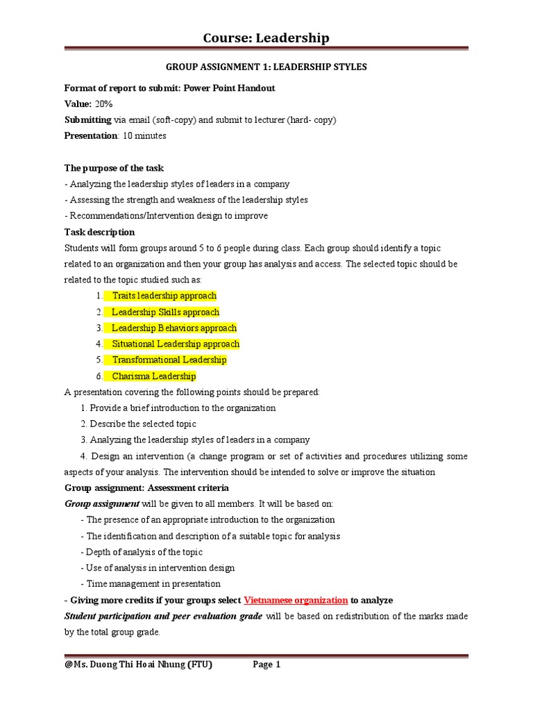 Group Assignment 1 - Leadership Styles1 | PDF | Leadership | Evaluation