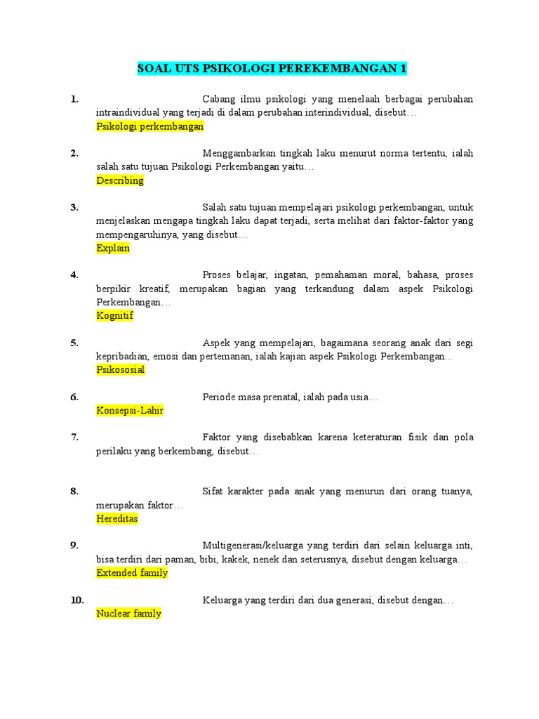 Soal UTS Psikologi Perkembangan 1 | PDF | Kesehatan Holistik