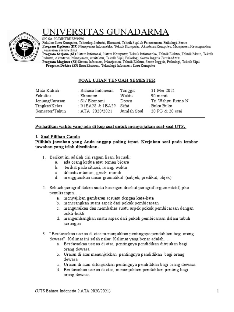 UTS Bahasa Indonesia 2 - 1PA | PDF | Komputer