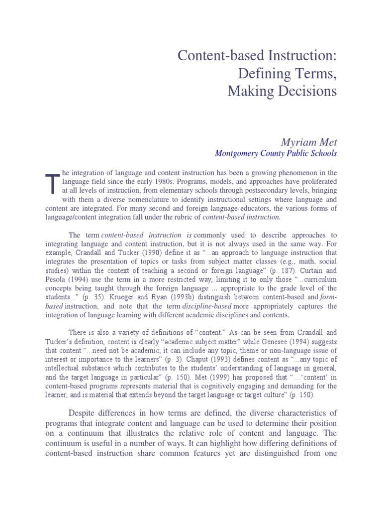 Content-Based Instruction: Defining Terms, Making Decisions: Myriam Met ...