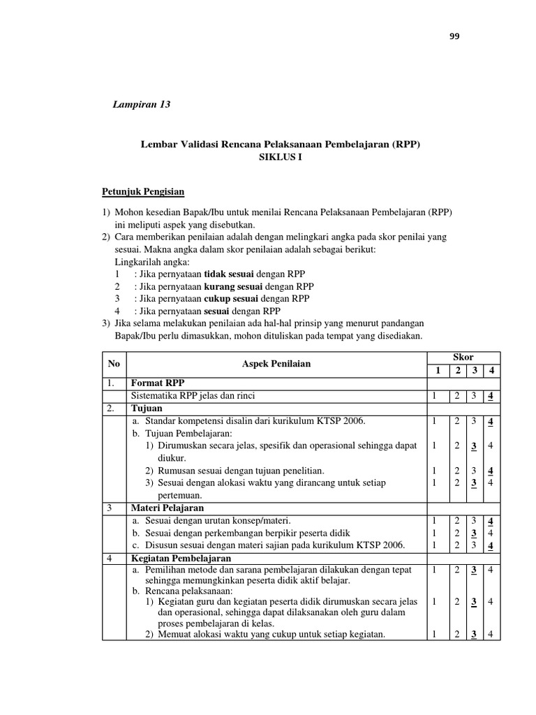 13.lembar Validasi RPP Siklus I | PDF | Karier & Perkembangan