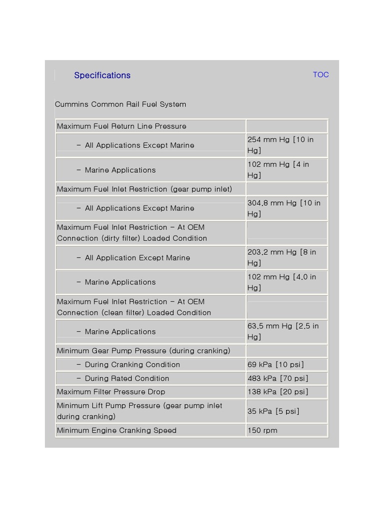 Cummins Fuel System Specifications Guide | PDF | Pump | Pascal (Unit)