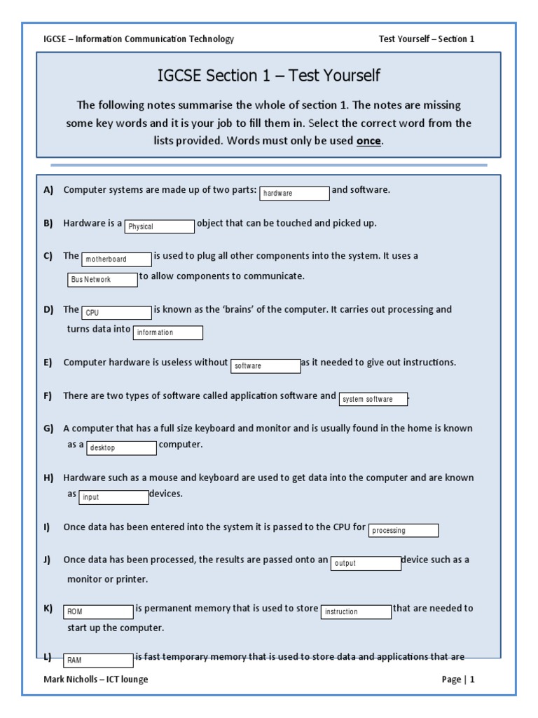 Igcse Information Communication Technology Test Yourself Section 1 Pdf Graphical User