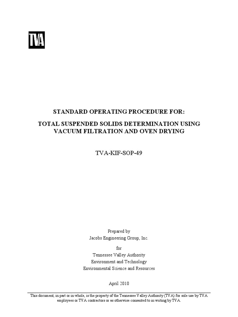 TSS Determination SOP for TVA Operations | PDF | Filtration | Chemistry