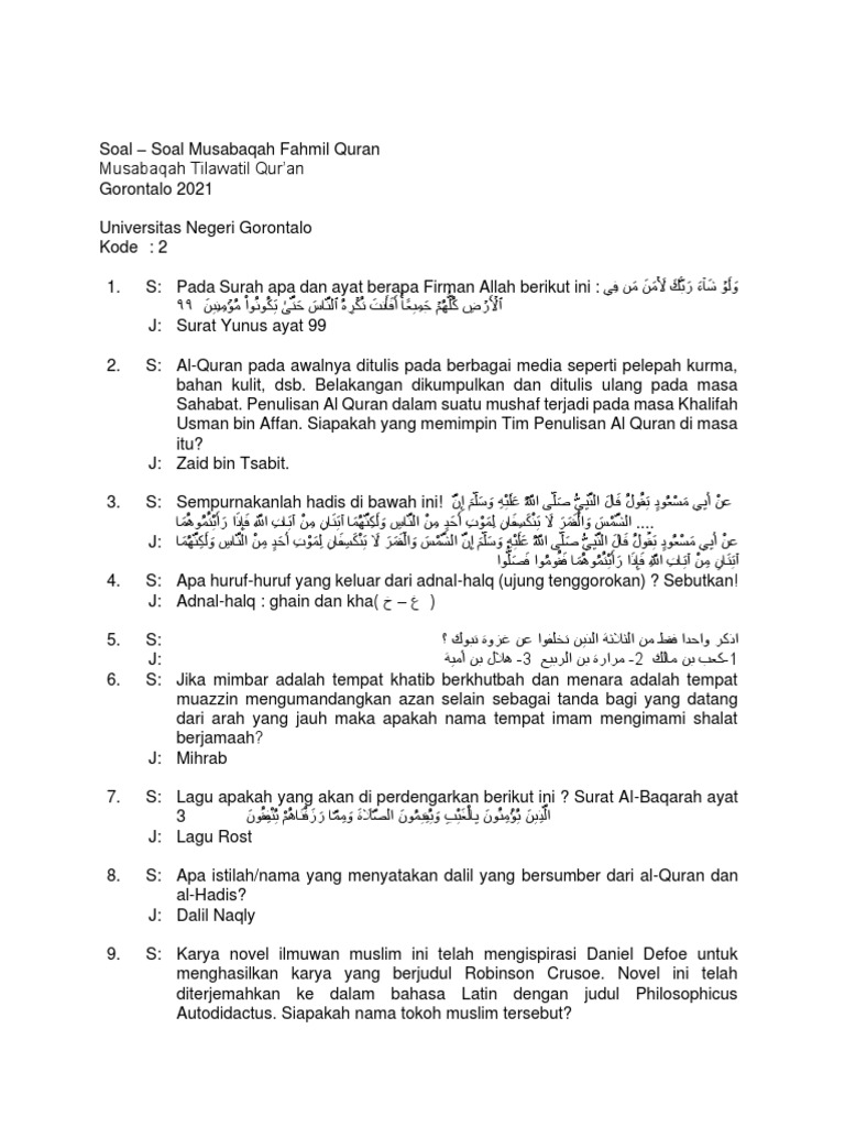 Bank Soal Fahmil Quran 2021 | PDF