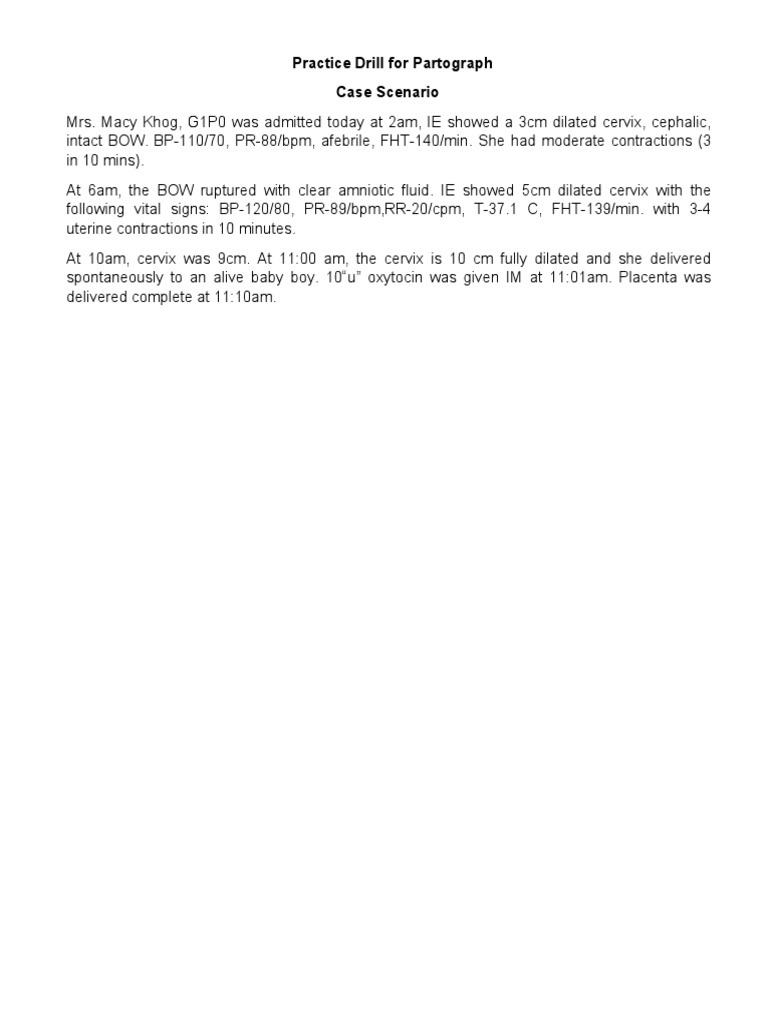 Practice Drill For Partograph Case Scenario | PDF