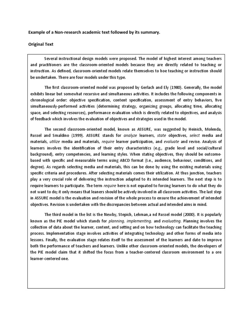 Example of A Non-Research Academic Text Followed by Its Summary ...