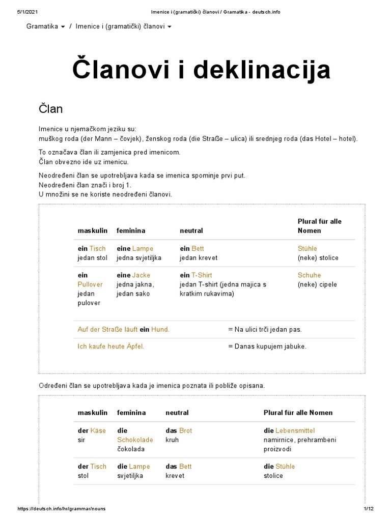 Imenice I (Gramaticki) Clanovi - Gramatika - Deutsch - Info | PDF